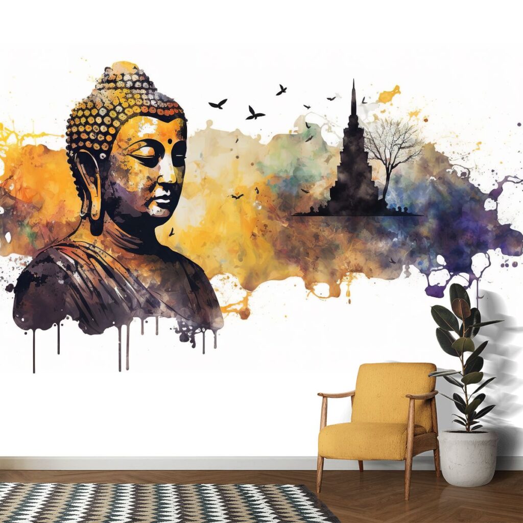 Guatam Buddha Wallpaper for Wall with Pagoda - Magicdecor®