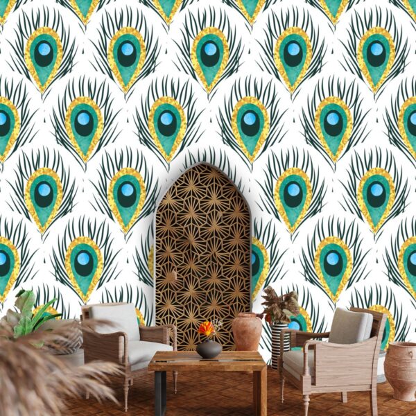 Mor Pankh Wallpaper for Wall, White and Green Pattern - Magicdecor®