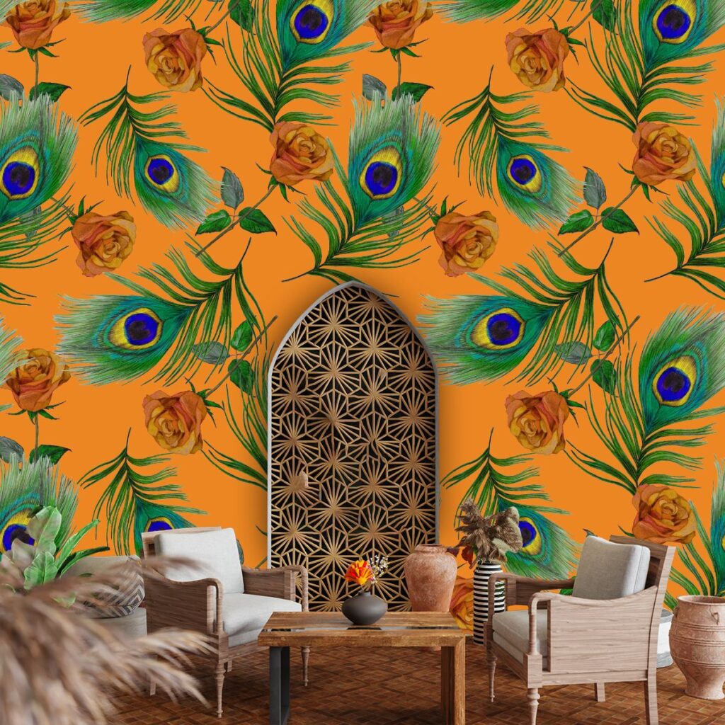 Mor Pankh Wallpaper for Wall, Orange and Green Color - Magic Decor