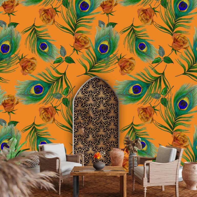 Mor Pankh Wallpaper for Wall, Orange and Green Color - Magic Decor