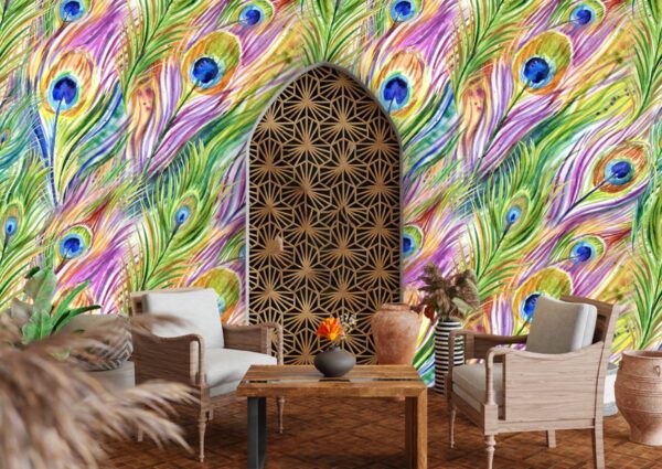 Mor Pankh Wallpaper for Wall, Multi-Colored Peacock Feather - Magicdecor®