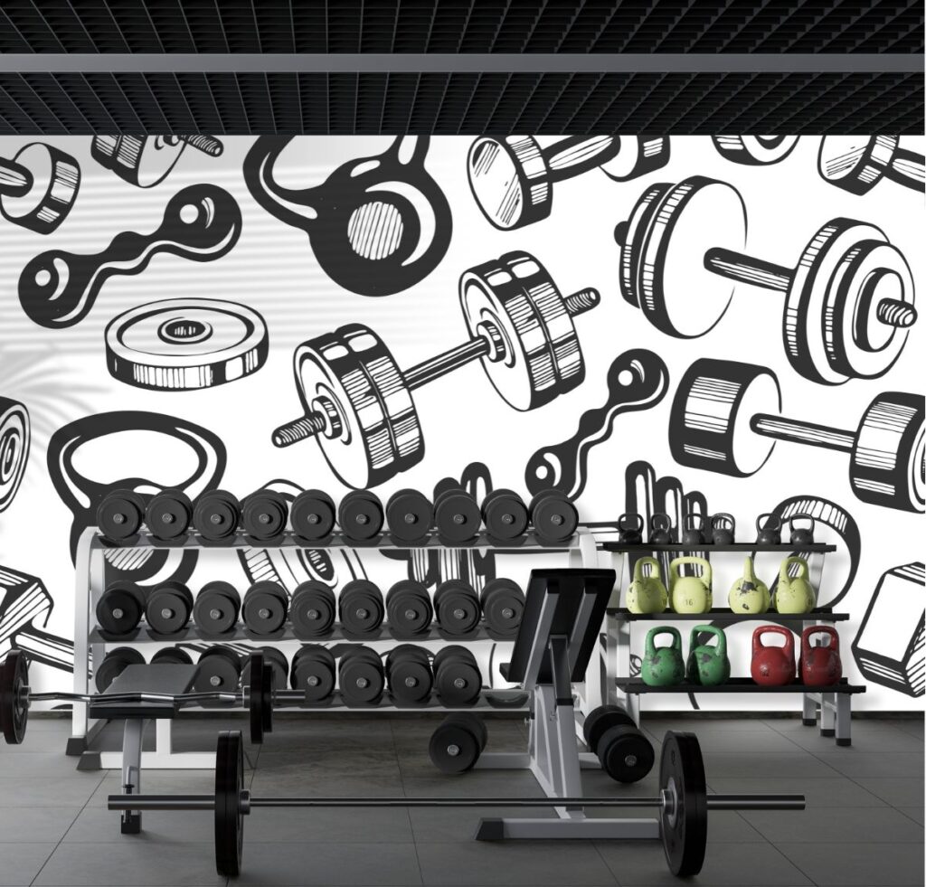 Balck and White Dumbles Pattern Gym Wallpaper - Magicdecor®