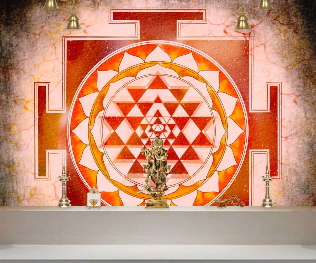 Shree Yantra in Fire Red Color Wallpaper for Pooja Room - Magicdecor®