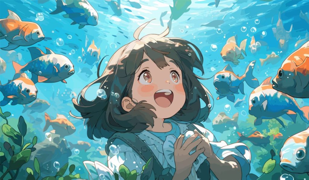 Anime Girl and Underwater Fishes Wallpaper for Wall - Magicdecor®