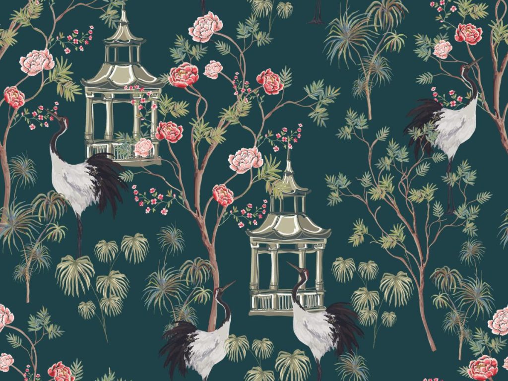 Green Chinoiserie Wallpaper With Beautiful Exotic Seamless Pattern ...