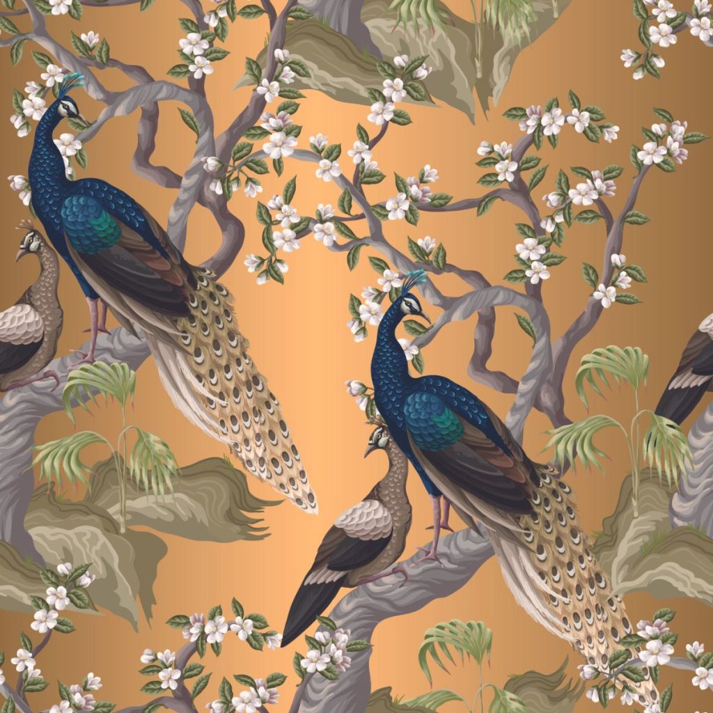 Brown Chinoiserie Wallpaper With Peacocks and Trees - Magicdecor®