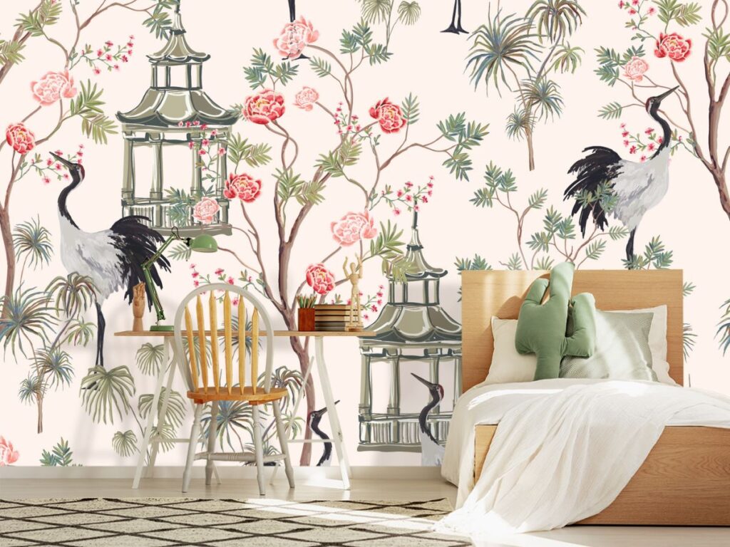 Vintage Chinoiserie Wallpaper Mural With Rose Trees, Sakura, Palms ...