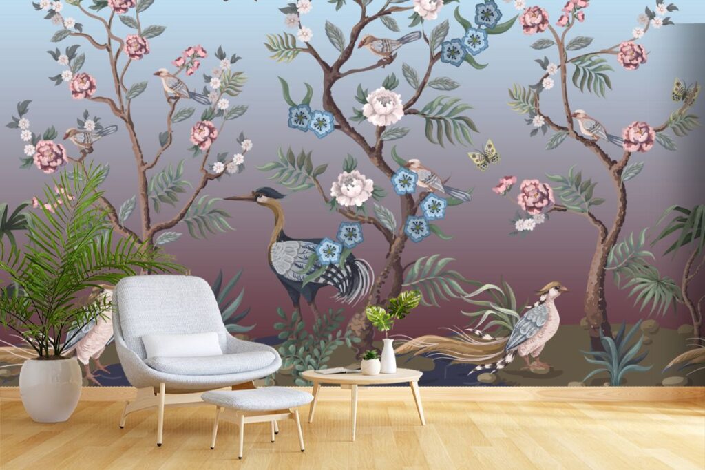 Chinoiserie Style Wallpaper With Herons And Peonies - Magicdecor®
