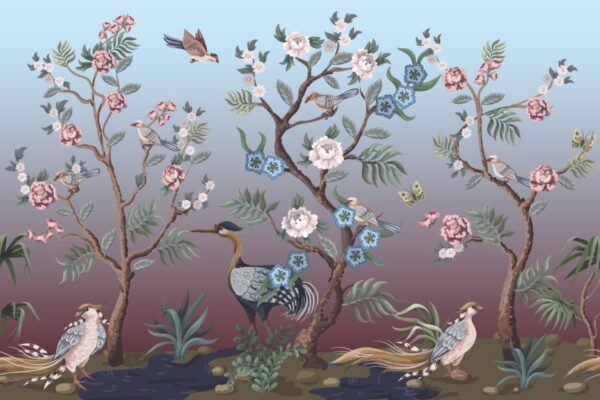 Chinoiserie Style Wallpaper With Herons And Peonies - Magicdecor®