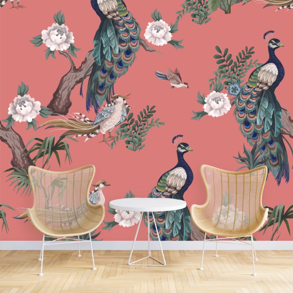 Chinoiserie Wallpaper With Herons Peacock And Peonies - Magicdecor®