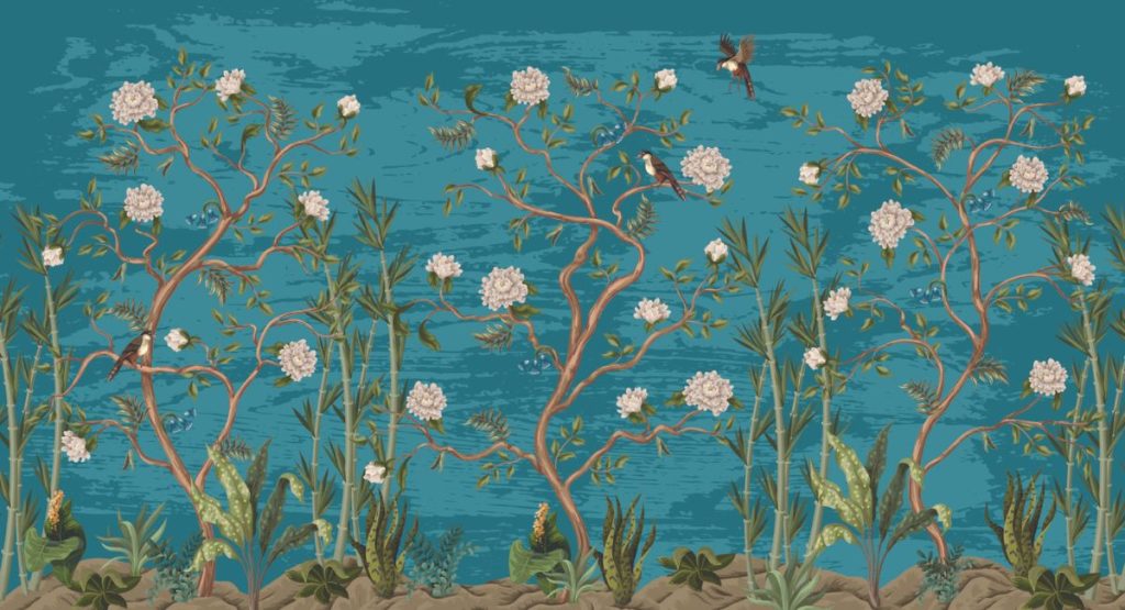 Wallpaper with Peonies Trees, Bamboo and Birds in Chinoiserie Style - Magicdecor®