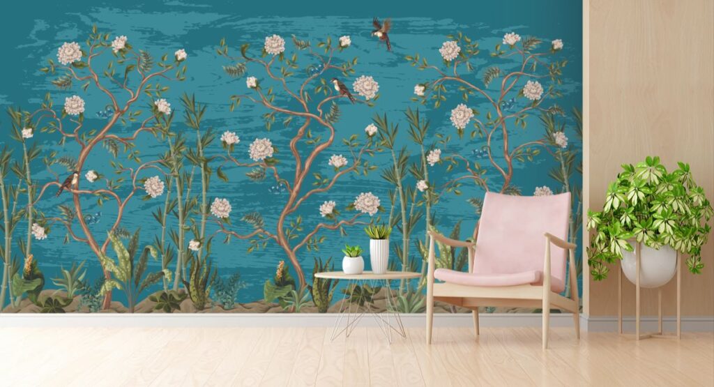 Wallpaper with Peonies Trees, Bamboo and Birds in Chinoiserie Style - Magicdecor®