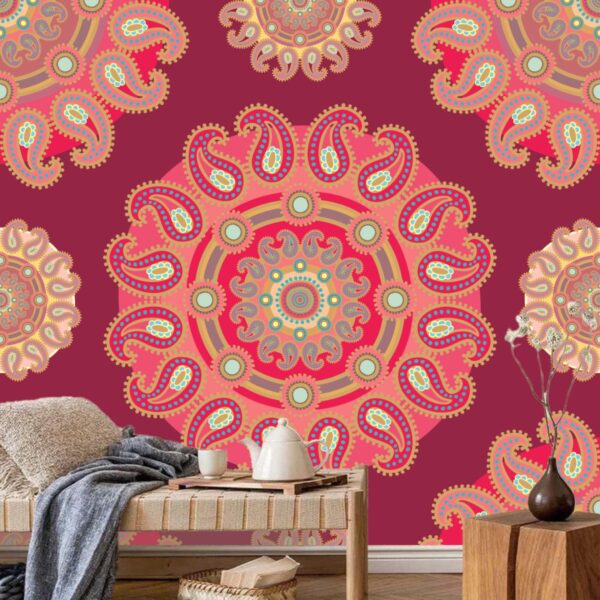 Red Paisley Wallpaper in Mandala Style for Walls - Magicdecor®