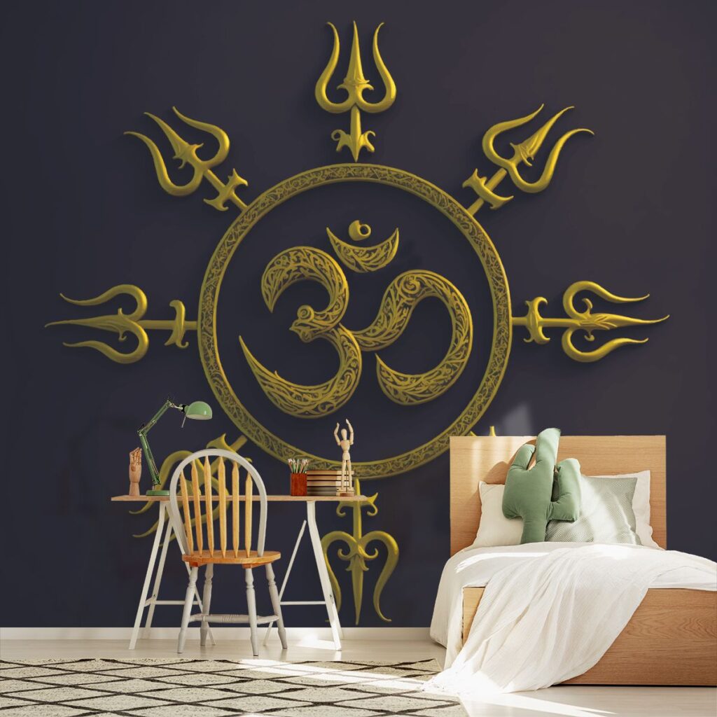 Golden Om Symbol With Trishul Wallpaper for Wall - Magicdecor®
