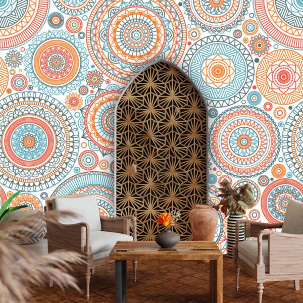Eastern Style Blue and Red Mandala Design Wallpaper for Wall - Magicdecor®