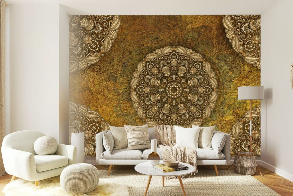 Mandala Design On Golden Textured Background Wallpaper for Wall - Magicdecor®