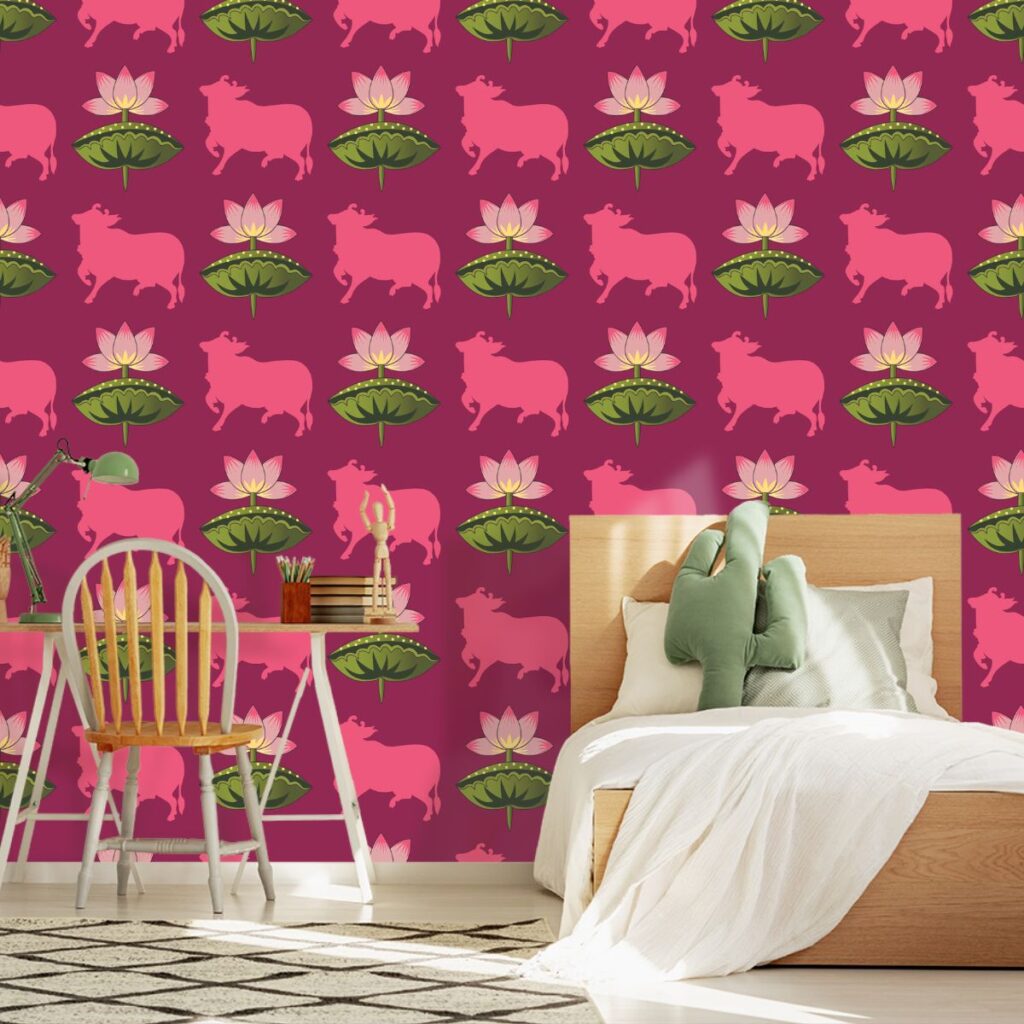 Pichwai Lotus and Cow Pattern Wallpaper for Wall - Magic Decor