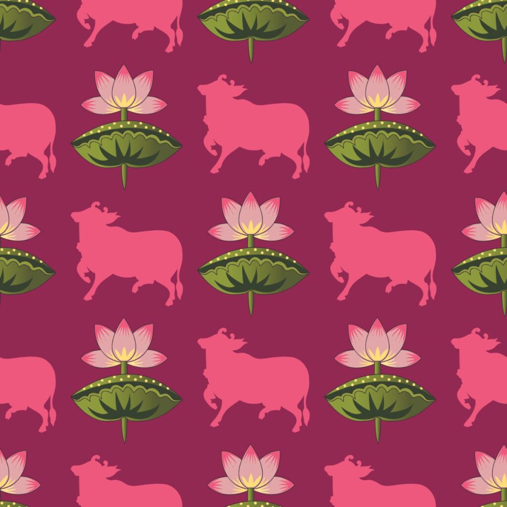 Pichwai Lotus and Cow Pattern Wallpaper for Wall - Magic Decor