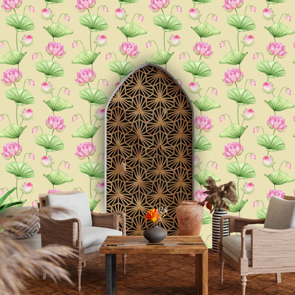 Pink Lotus and Reeds Pattern Wallpaper for Wall - Magic Decor