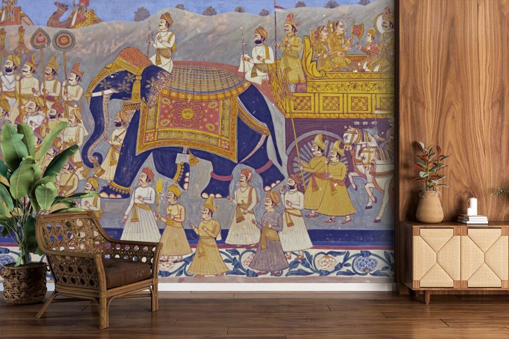 Colorful Indian Mural in The fort at Jodhpur Showing a Royal Procession ...