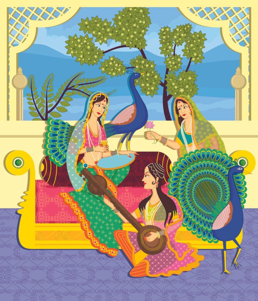 Royal Indian Queens and Peacock Indian Art Style Wallpaper Mural - Magicdecor®