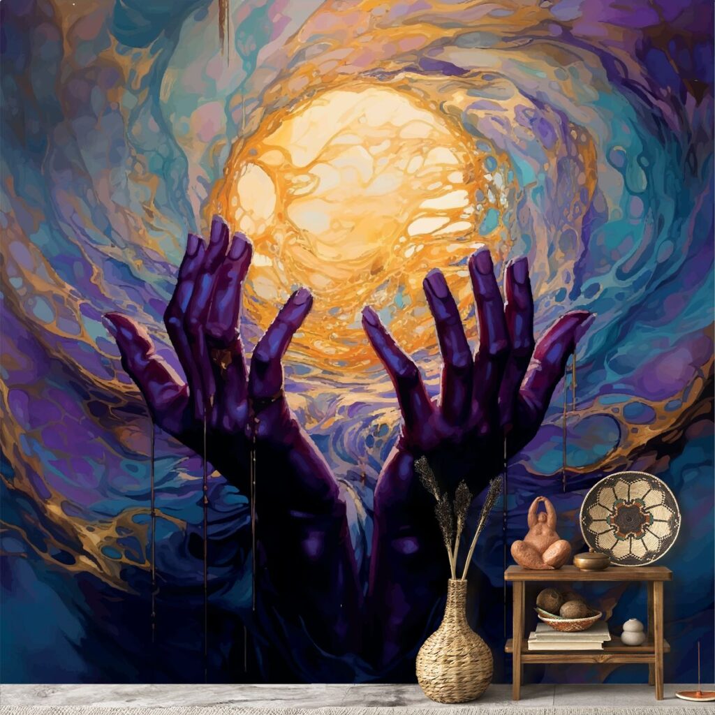Abstract Ethereal Purple Teal And Gold Gratitude Hands Sun Wallpaper ...