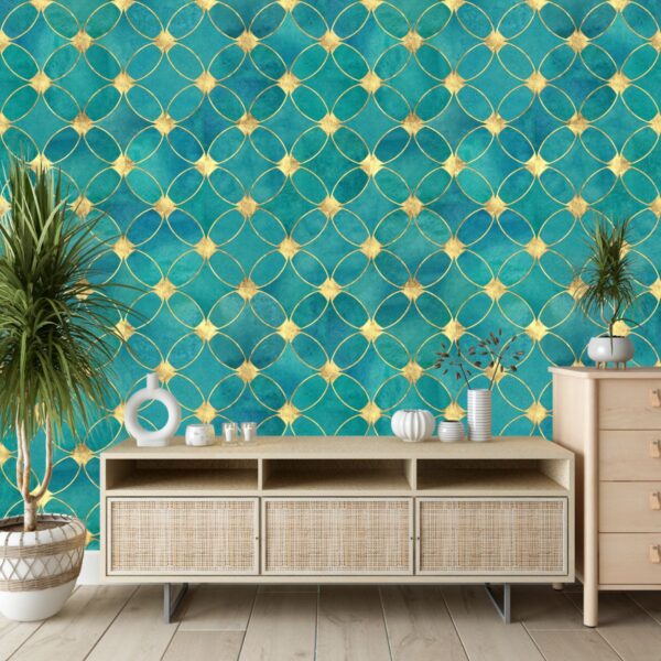 Teal Turquoise Overlapping Circles And Golden Contour Pattern Wallpaper for Wall - Magicdecor®