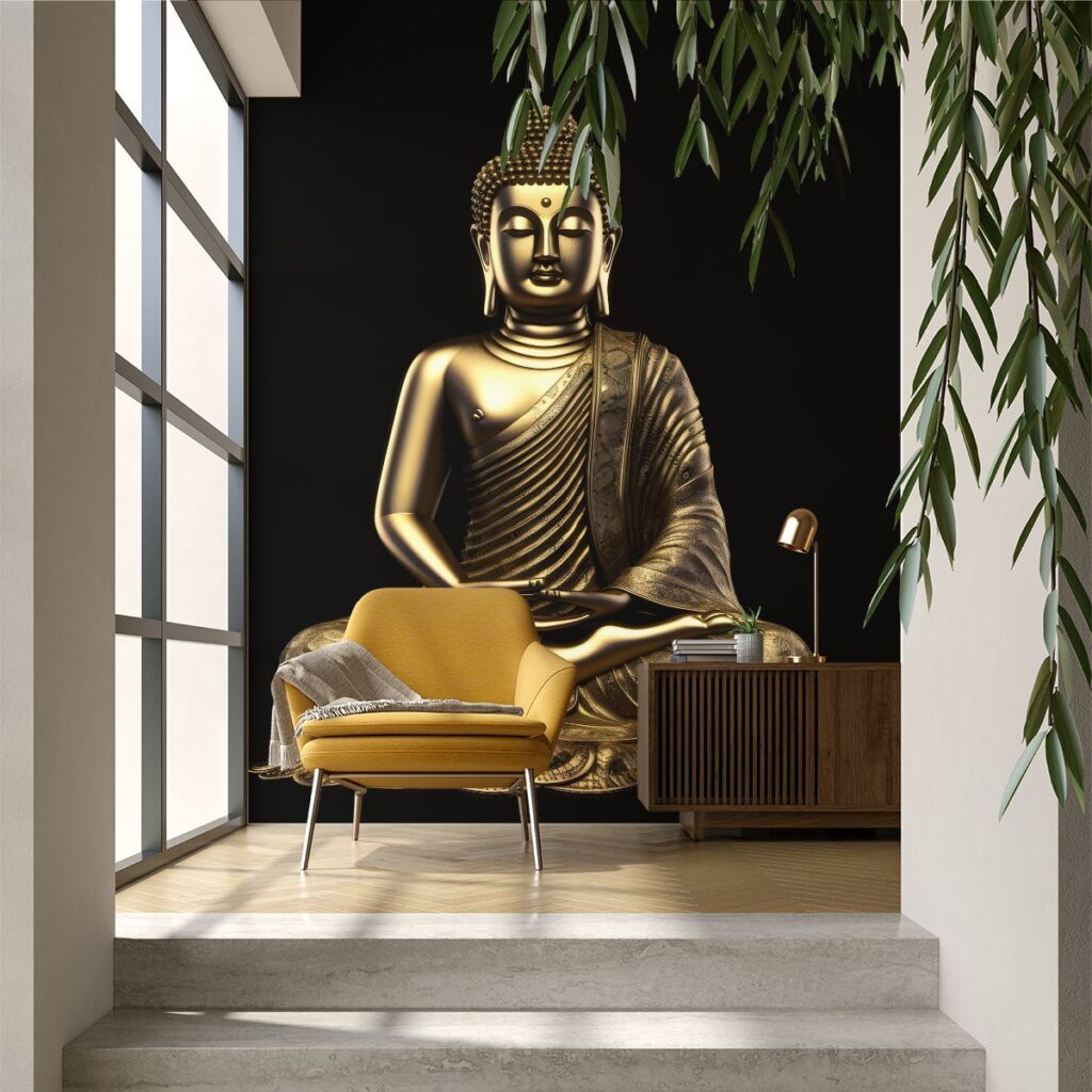 Golden Harmony Lounge 3D Buddha Wallpaper for Living Room - Magicdecor®