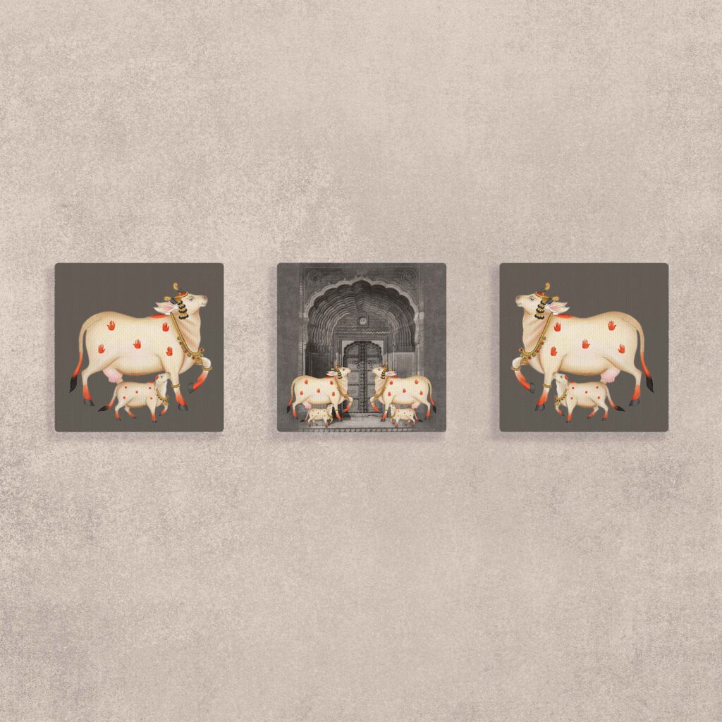 Pichwai Cow Devotion Canvas Painting Set of 3 - Magic Decor