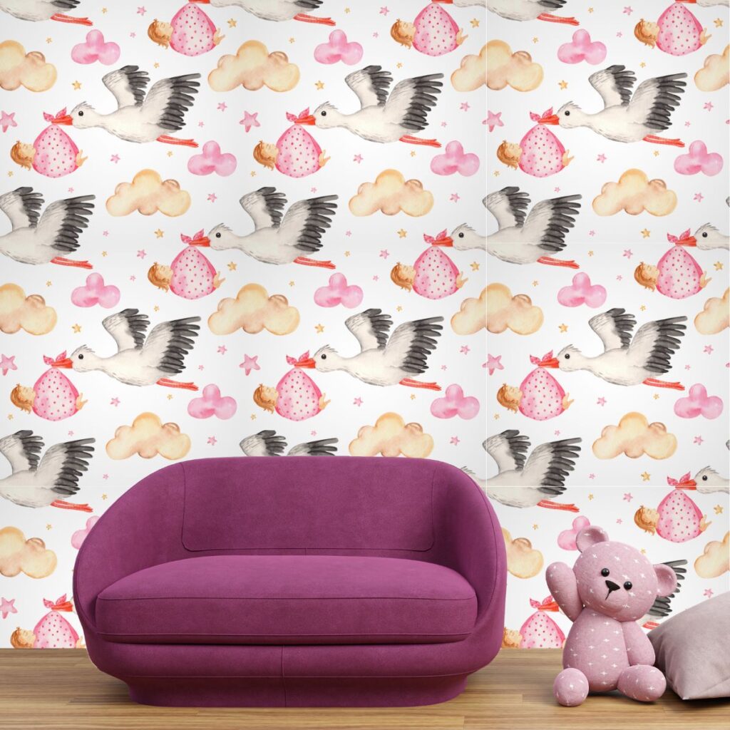 Baby Girl and Stork Pattern Wallpaper for Girls - Magicdecor®