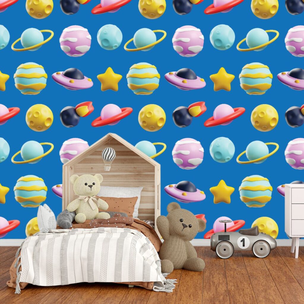 3D Style Planets and Flying Saucers Pattern Wallpaper for Boys ...