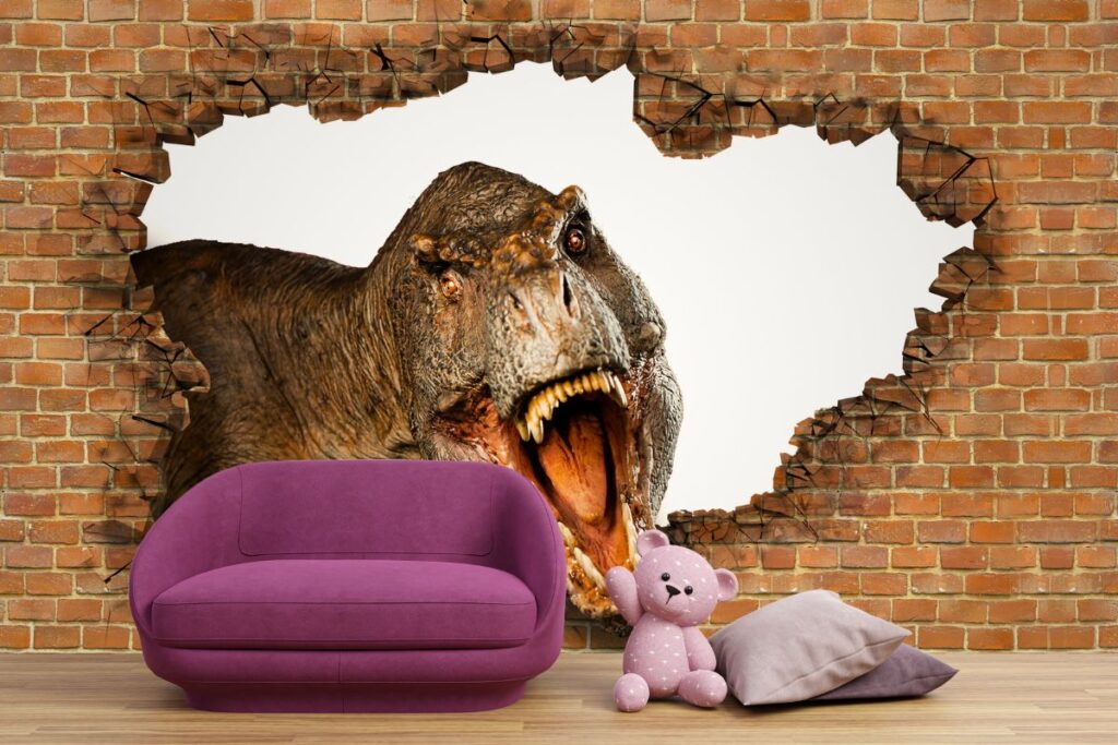 3D Wallpaper of Dinosaur Growling From Behind A Brick Wall - Magicdecor®