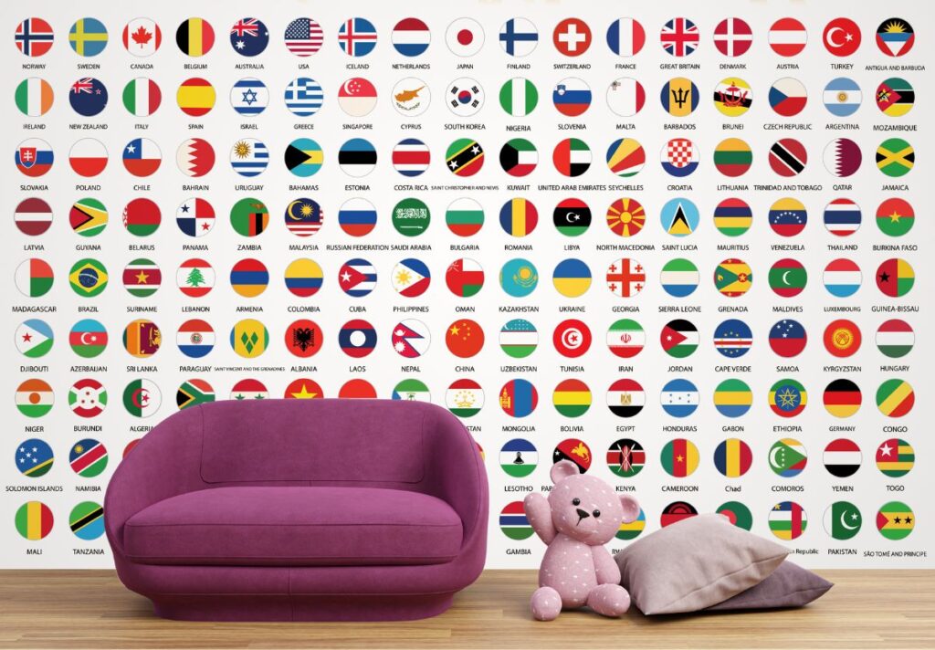 Countries Flags and Name Educational Wallpaper for Kids - Magicdecor®