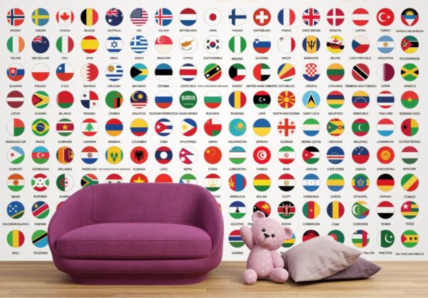 Countries Flags and Name Educational Wallpaper for Kids - Magicdecor®