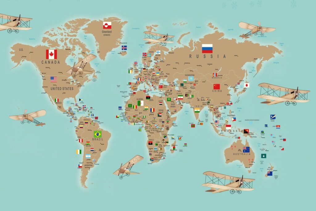 World Map With Flags Kids Wallpaper - Magic Decor