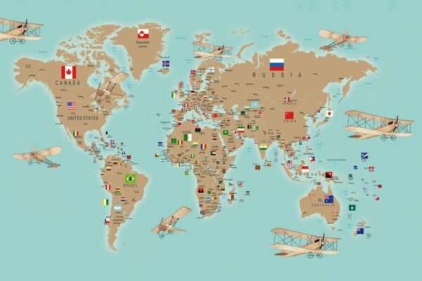 World Map With Flags Kids Wallpaper - Magic Decor