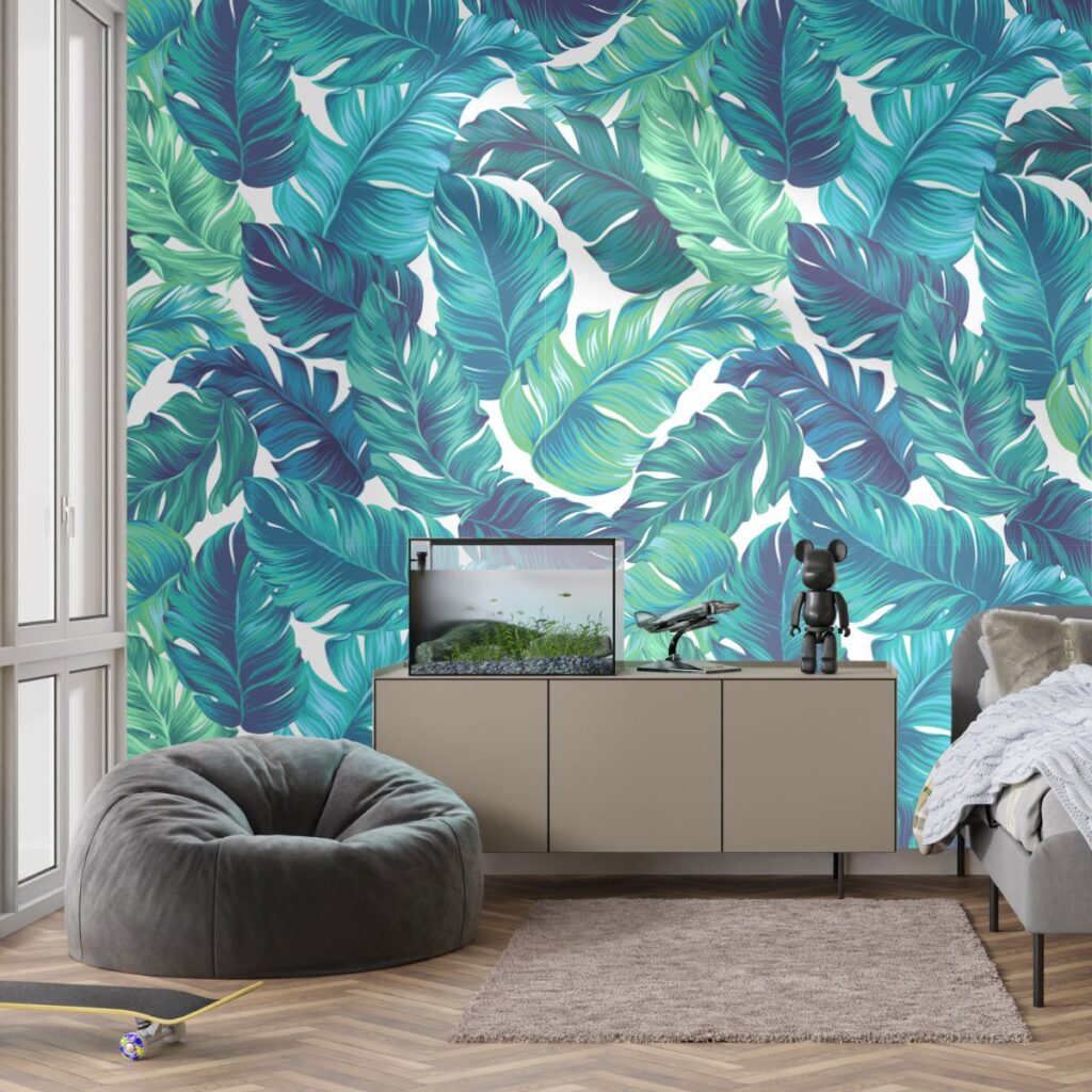 Turquoise and Green Tropical Leaves Wallpaper for Wall - Magicdecor®
