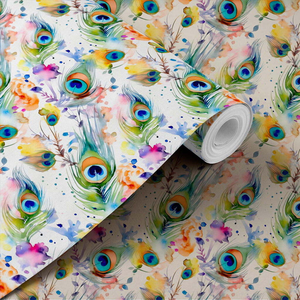 Watercolor Style Peacock Feathers Pattern Wallpaper Roll - Magicdecor®