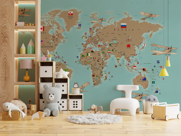 World Map With Flags Kids Wallpaper - Magicdecor®