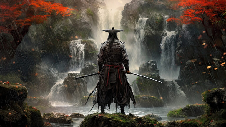 Japanese Samurai and Waterfall Japandi Style Wallpaper - Magicdecor®