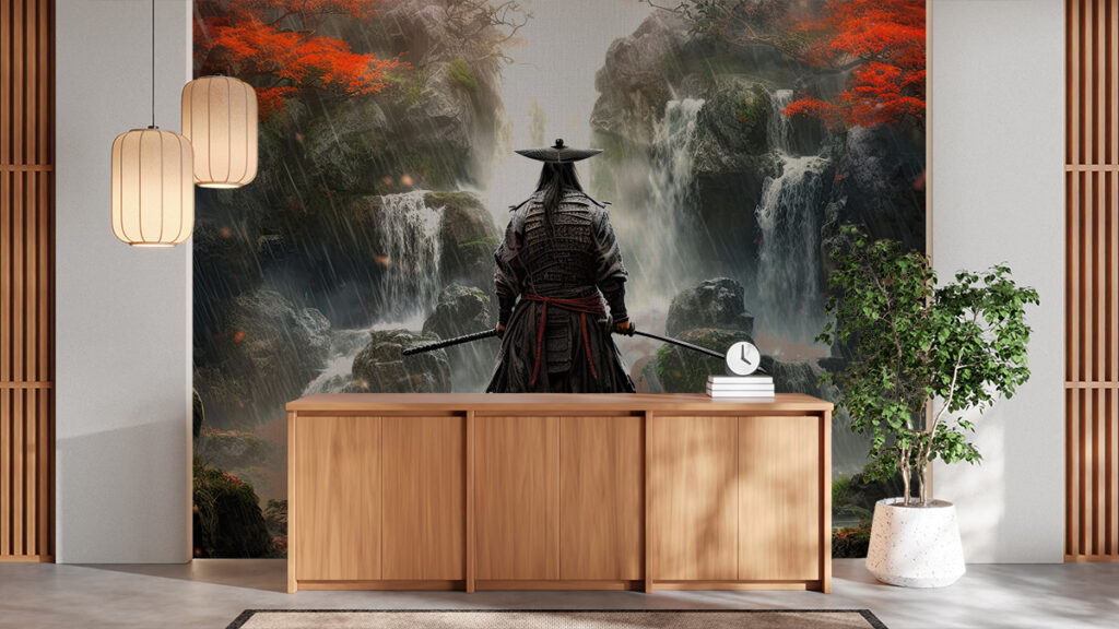 Japanese Samurai and Waterfall Japandi Style Wallpaper - Magicdecor®