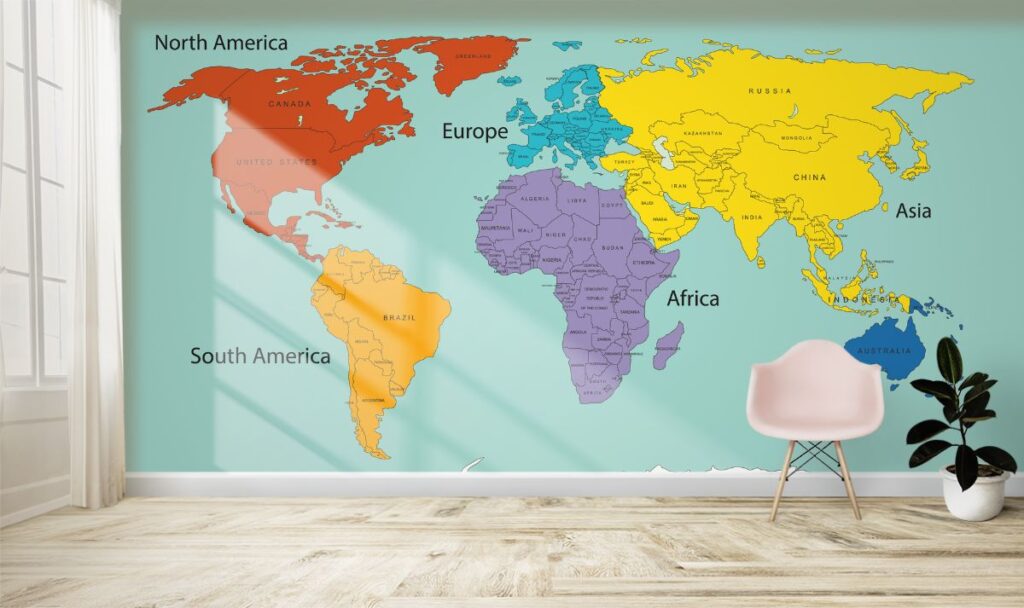 7 Continents and Countries World Map Wallpaper Mural - Magic Decor