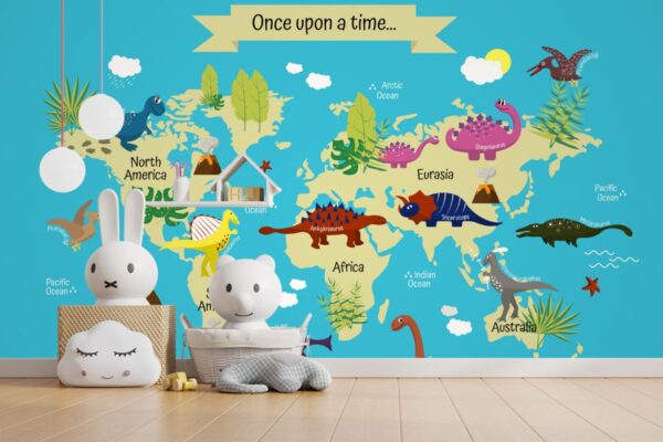World Map Wallpaper With Dinosaurs - Magicdecor®