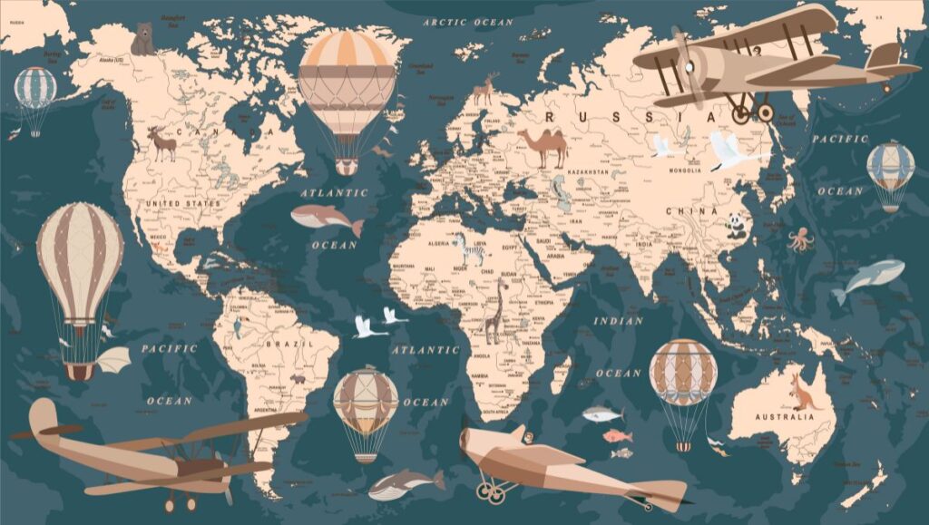 World Map Wallpaper With Hot Air Balloons and Planes for Wall - Magicdecor®
