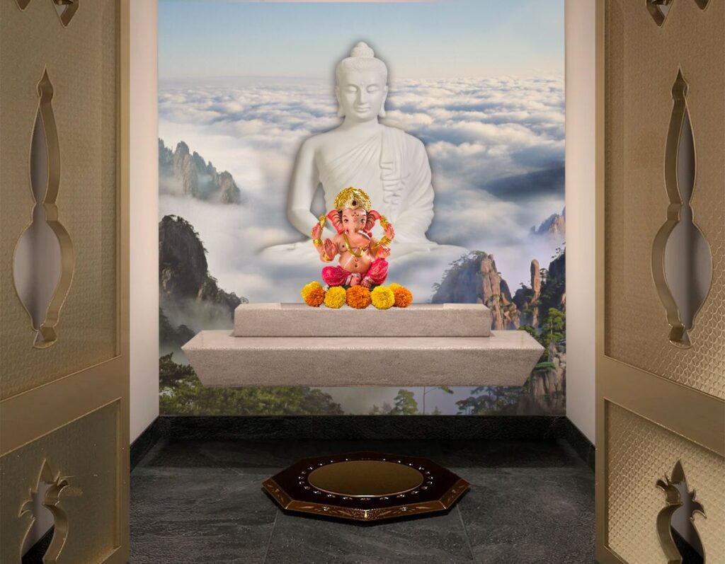 3D Buddha's Serenity in Mountains Wallpaper for Pooja Rooms - Magicdecor®