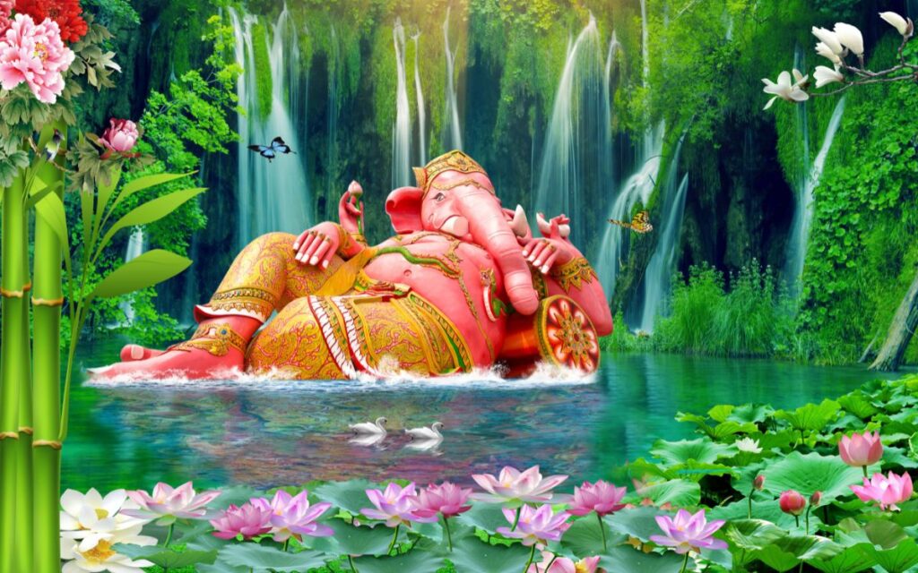 Gajanan, 3D Ganesha Sleeping in Divine Natural Landscape Wallpaper for ...