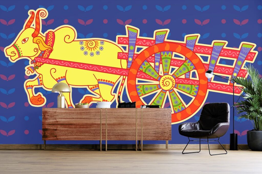 Bailgaadi, Bullock Cart in Indian Art Style Mural Wallpaper - Magicdecor®