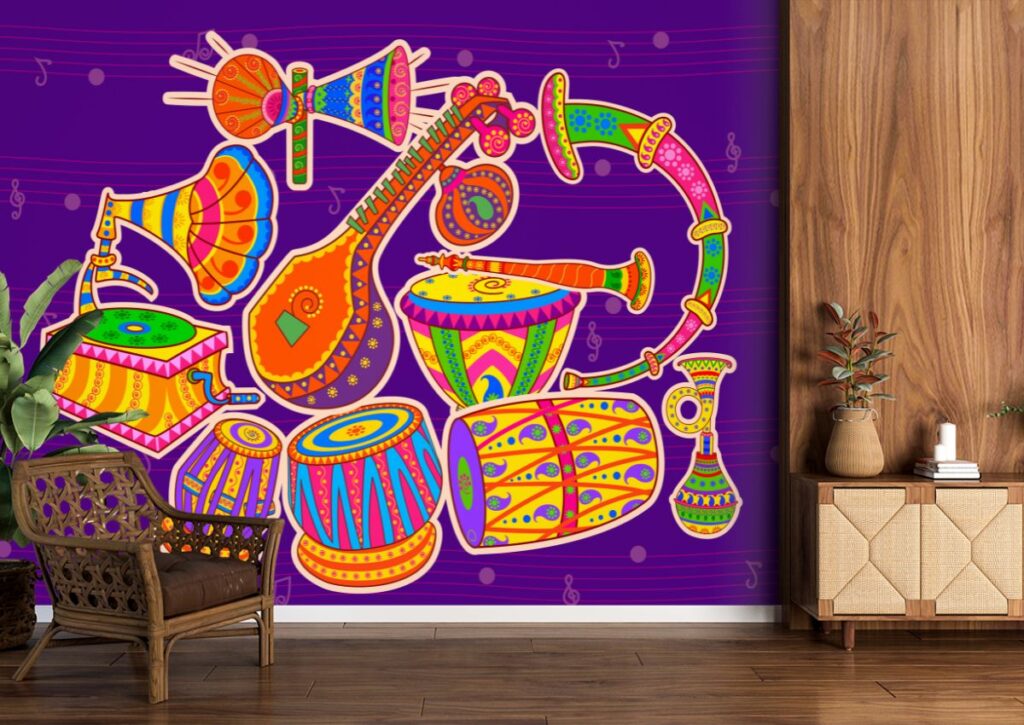 Bhartiya Vadya Yantra in Indian Art Style Wallpaper for Wall - Magicdecor®