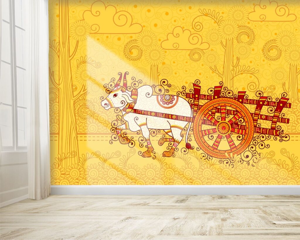 Bullock Cart in Indian Art Style Wallpaper for Wall - Magicdecor®