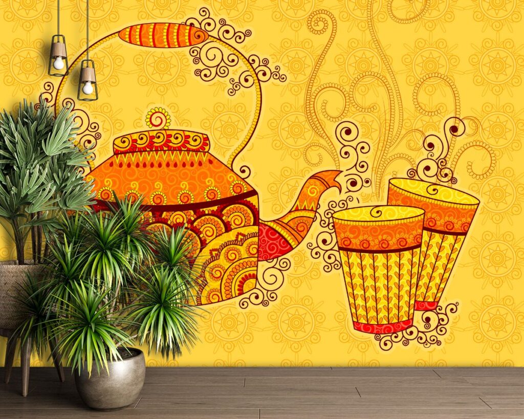 Cutting Chai, Tea Kettle and Glass in Indian Art Style Wallpaper Mural ...